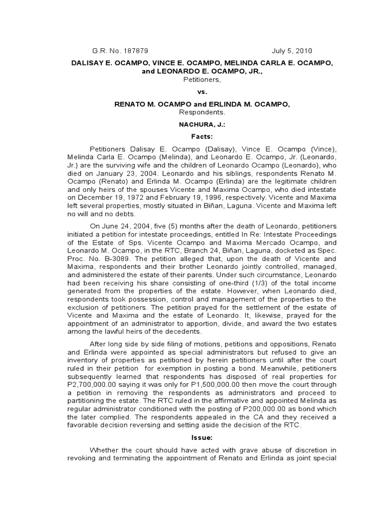 Rule 82 - Ocampo vs Ocampo G.R. No. 187879 | Probate | Private Law