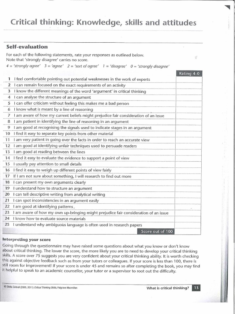 Cottrell_critical thinking skills_SELF_EVALUATION.pdf | Justification ...