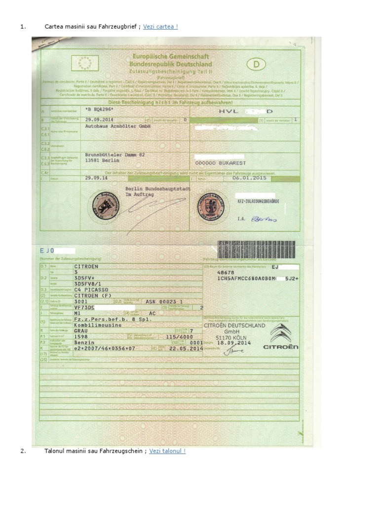 Cartea Masinii Sau Fahrzeugbrief | PDF