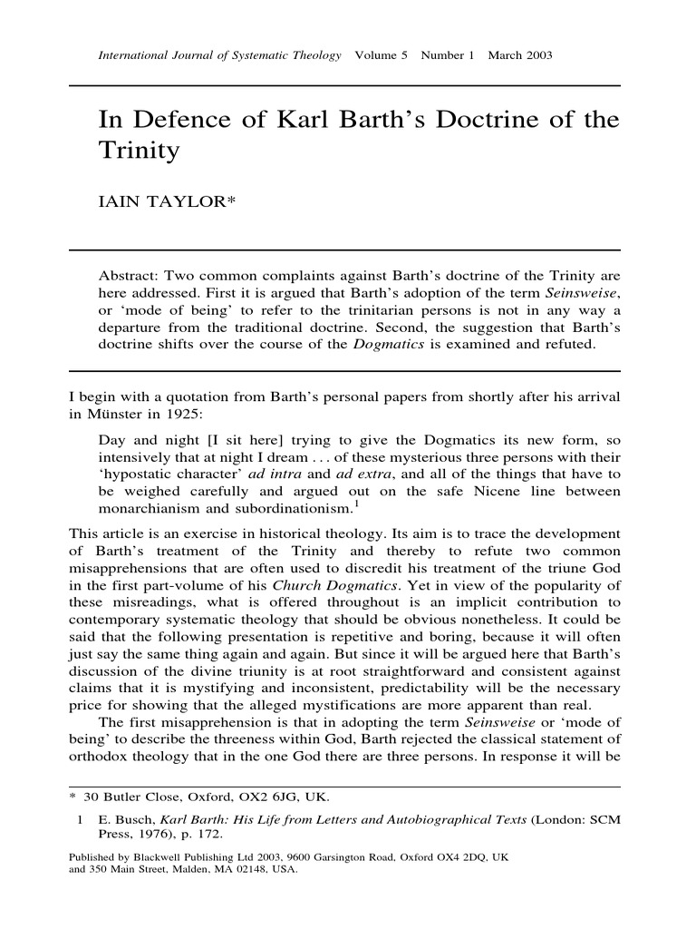 Defending Barth's Trinity Doctrine | PDF | Karl Barth | Trinity