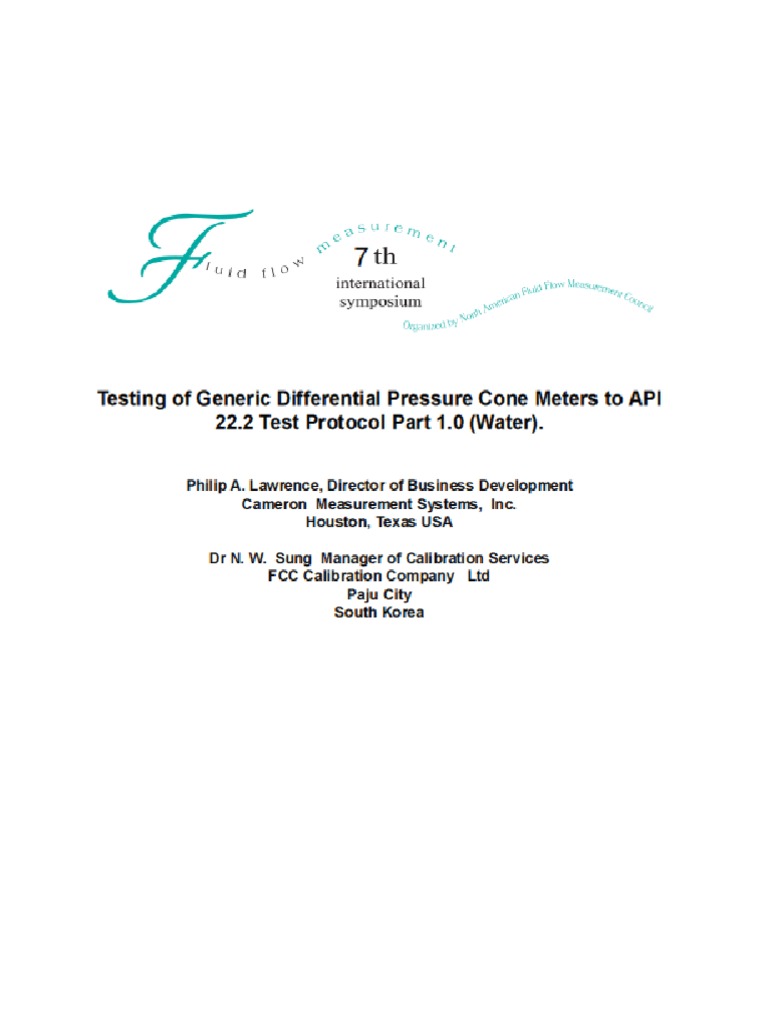 Testing of Generic Differential Pressure Cone Meters To MPMS API 22.2 ...