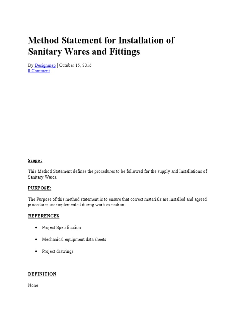 Method Statement For Installation of Sanitary Wares and Fittings | PDF ...