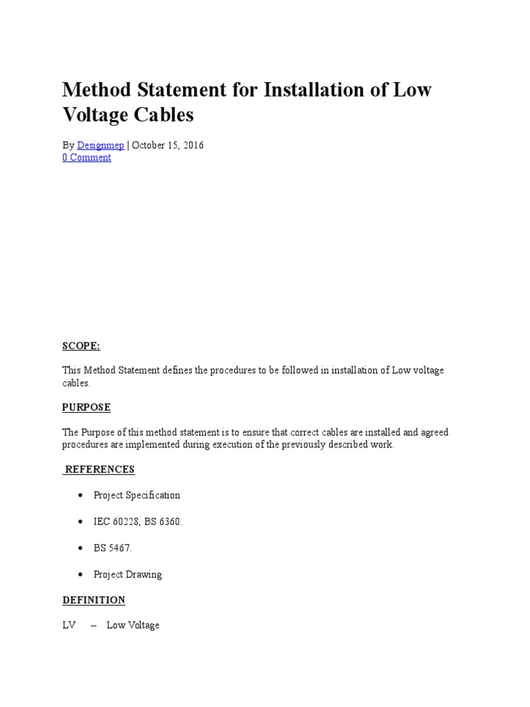 Method Statement For Installation Of Low Voltage Cables Pdf Electrical Wiring Equipment