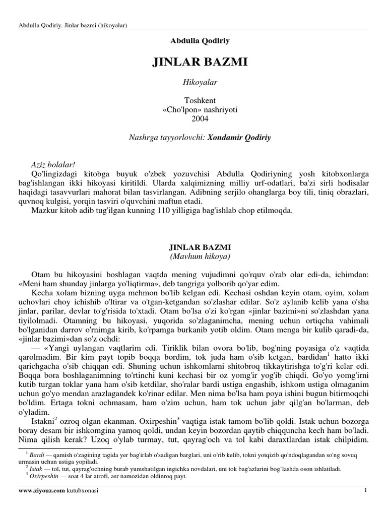 Abdulla Qodiriy. Jinlar Bazmi (Hikoyalar) | PDF