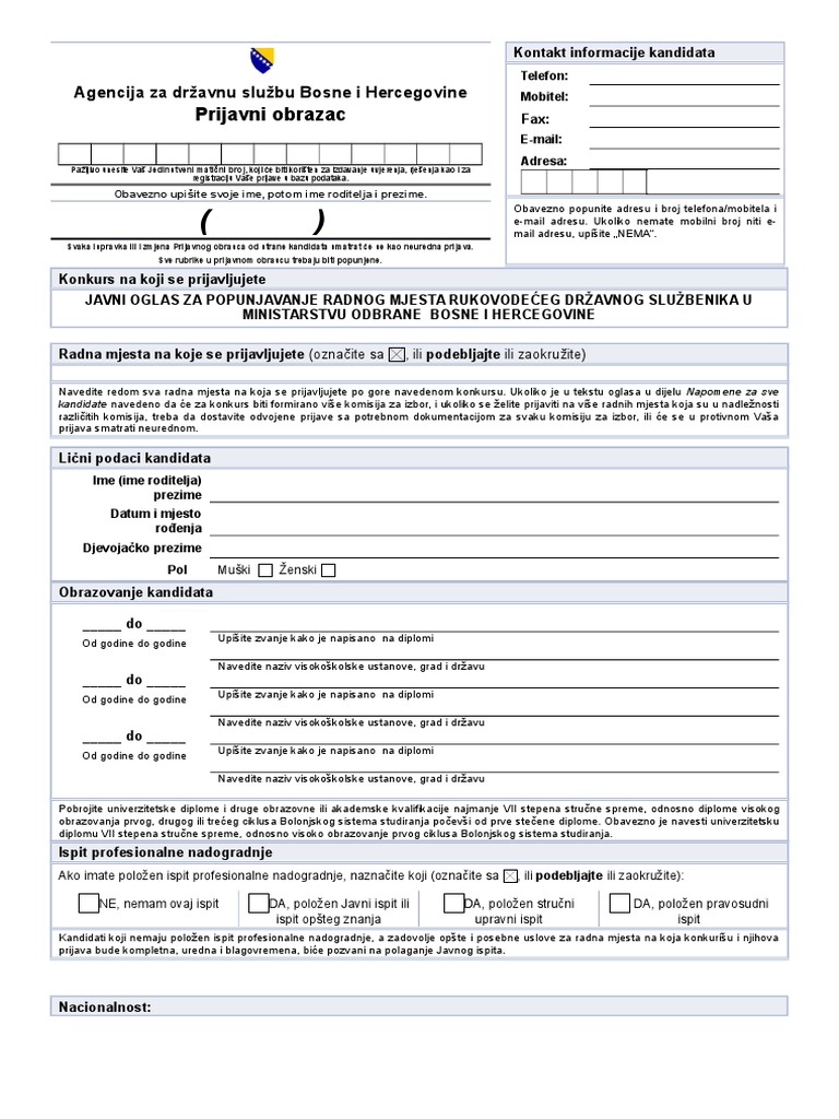 Prijavni Obrazac Na Bosanskom | PDF