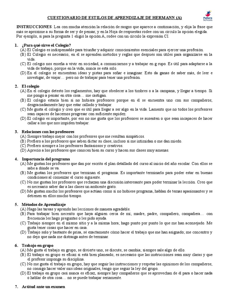 Cuestionario de Estilos de Aprendizaje de Hermann | PDF | Prueba ...