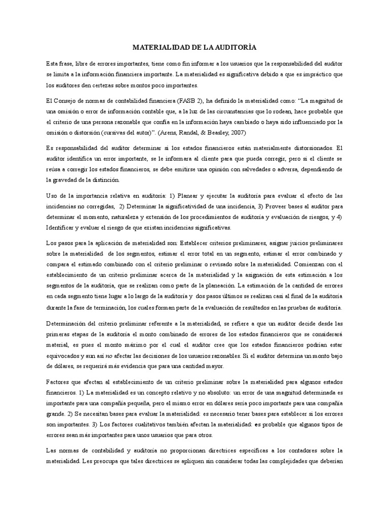 Importancia de la Materialidad en Auditoría | PDF | Auditoría ...