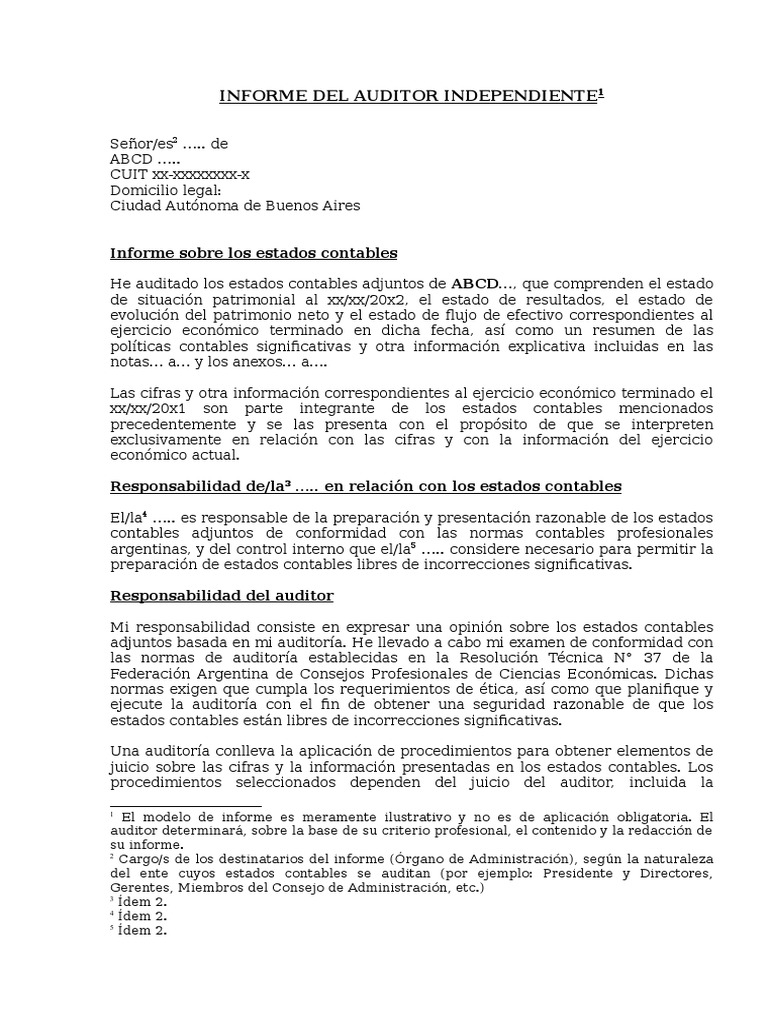 Modelo de Informe Del Auditor CC RT 37 | Contralor | Contabilidad