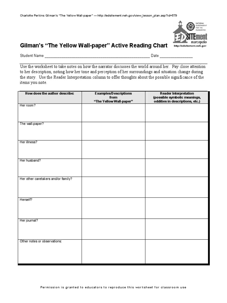 Active Reading Chart for "The Yellow Wallpaper" | PDF | The Yellow ...