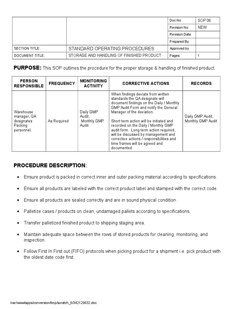Finished Product Storage SOP | PDF | Warehouse | Specification ...