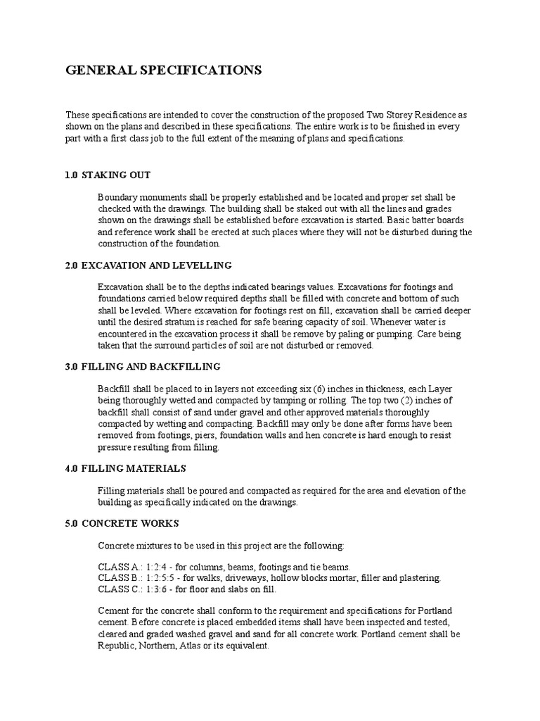 Sample General Specifications | PDF | Plumbing | Concrete