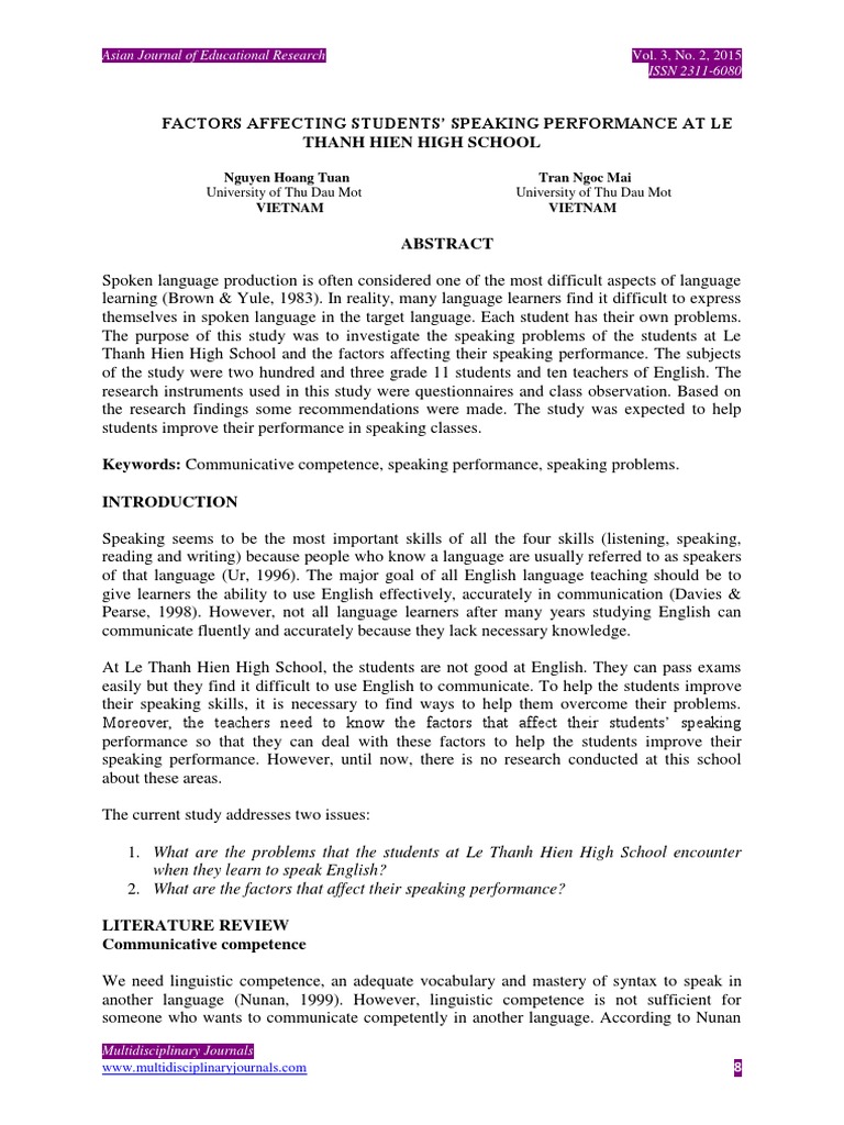 Factors Affecting Students' Speaking | Download Free PDF | English As A Second Or Foreign ...