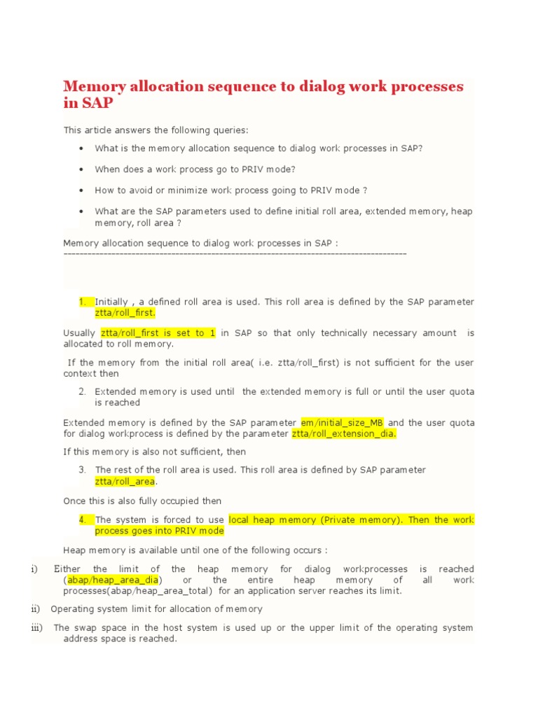 Memory Allocation Sequence To Dialog Work Processes in SAP | PDF ...