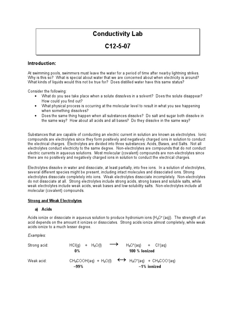 Conductivity Lab1 C12-5-07 | PDF | Dissociation (Chemistry) | Electrolyte