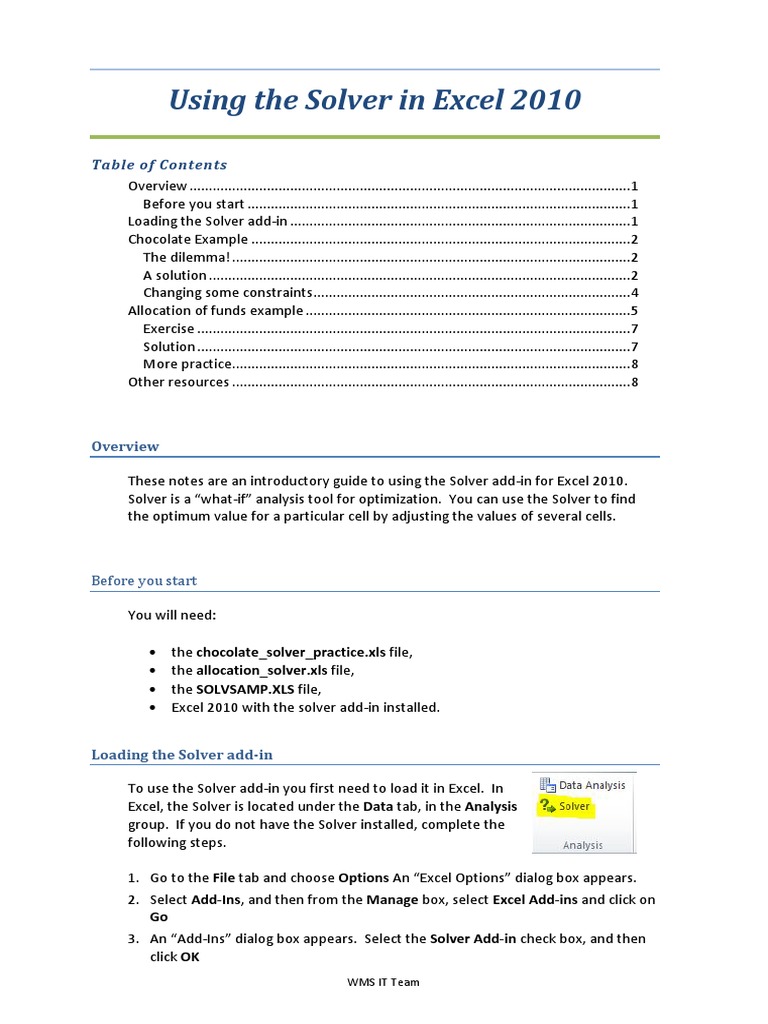 Using The Solver in Excel 2010: Before You Start | PDF | Microsoft ...