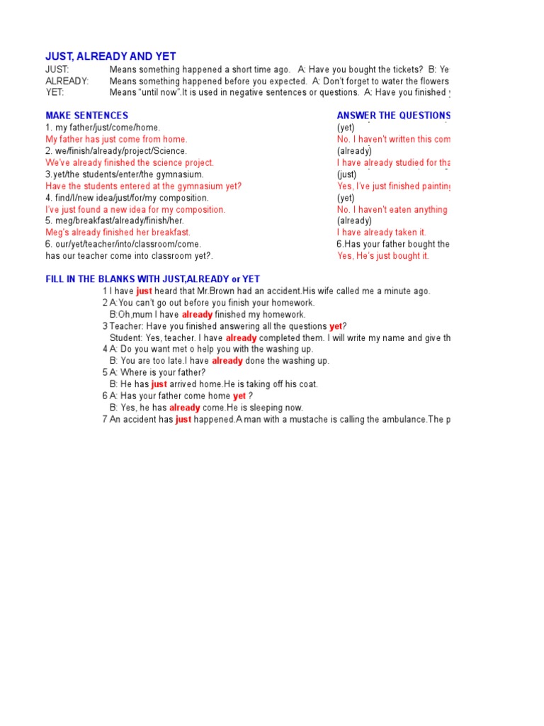 Exercises on Just, Already, Yet | PDF