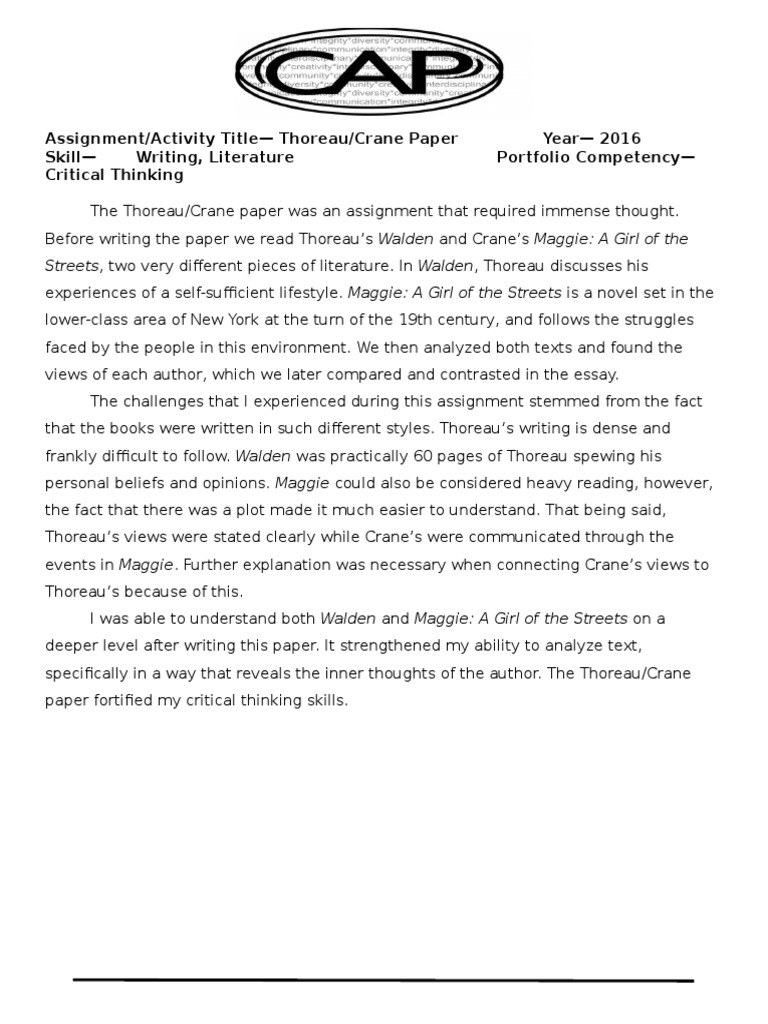 Assignment/Activity Title - Thoreau/Crane Paper Year - 2016 Skill ...