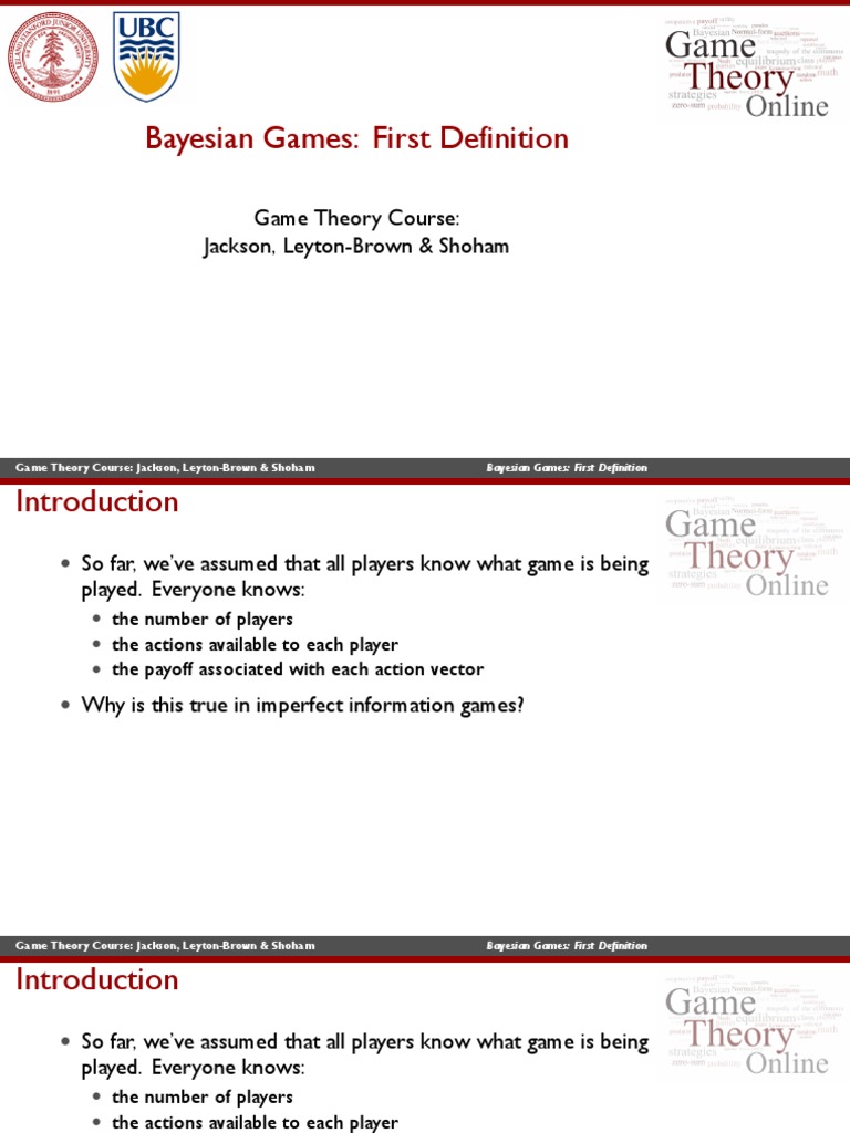 Bayesian Games: First Definition: Game Theory Course: Jackson, Leyton-Brown & Shoham | PDF