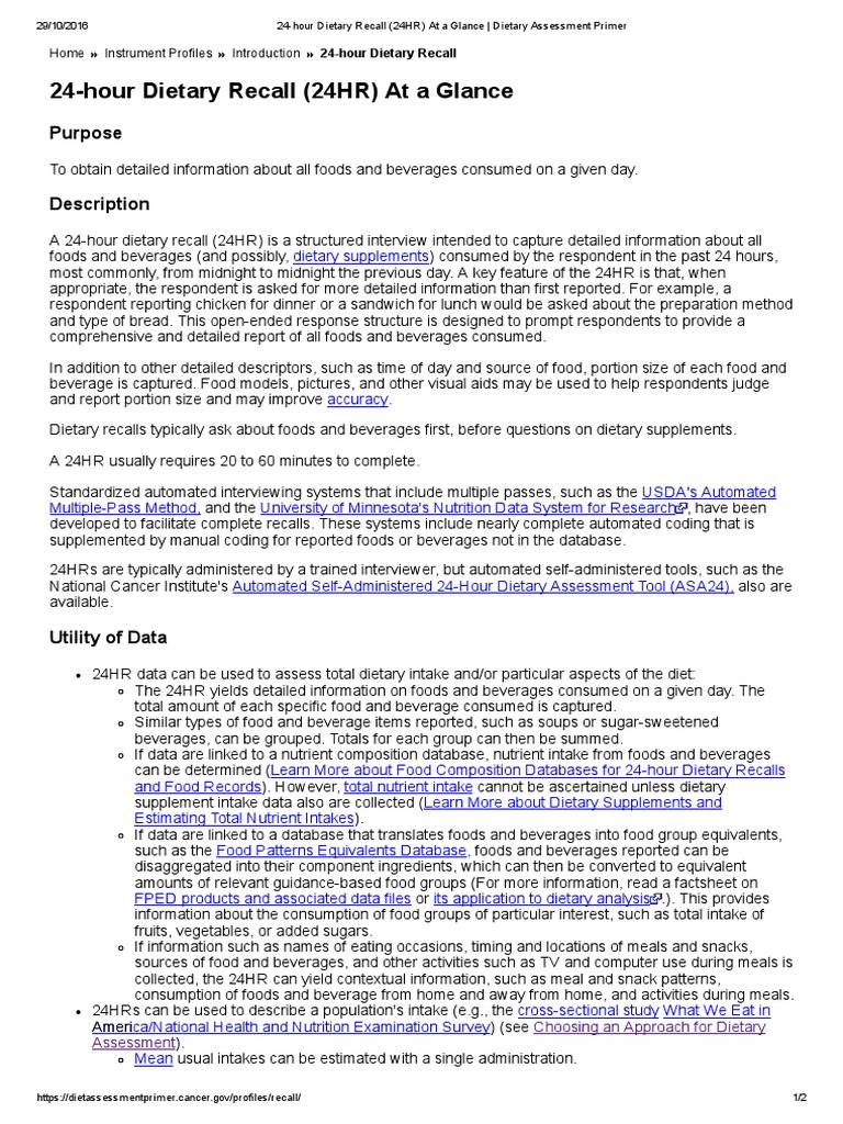Overview of 24-Hour Dietary Recall | PDF | Diet (Nutrition) | Diet ...