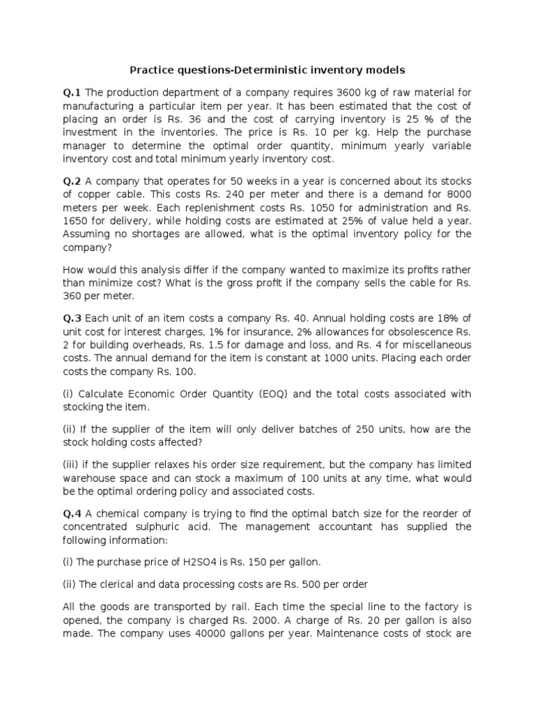 Practice Questions-Deterministic Inventory Models | PDF | Inventory | Cost