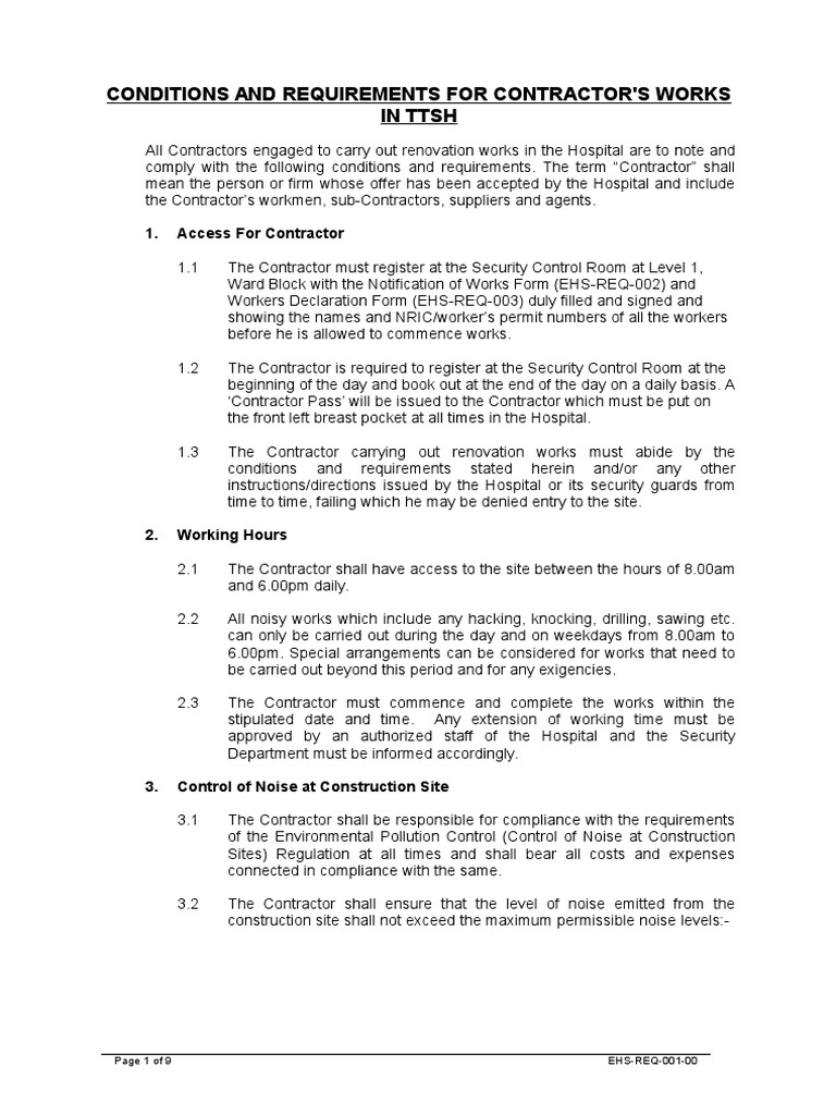 Condition and Requirements for Contractors Works in TTSH | General ...