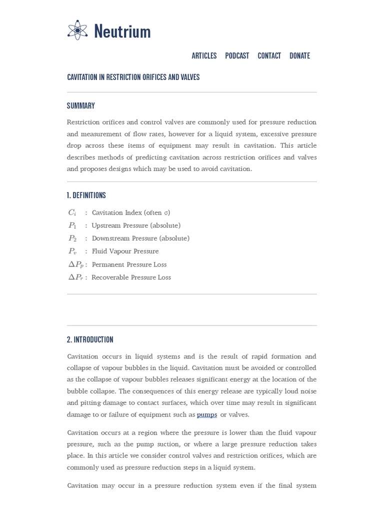 Cavitation in Restriction Orifices and Valves - Neutrium | PDF | Valve ...