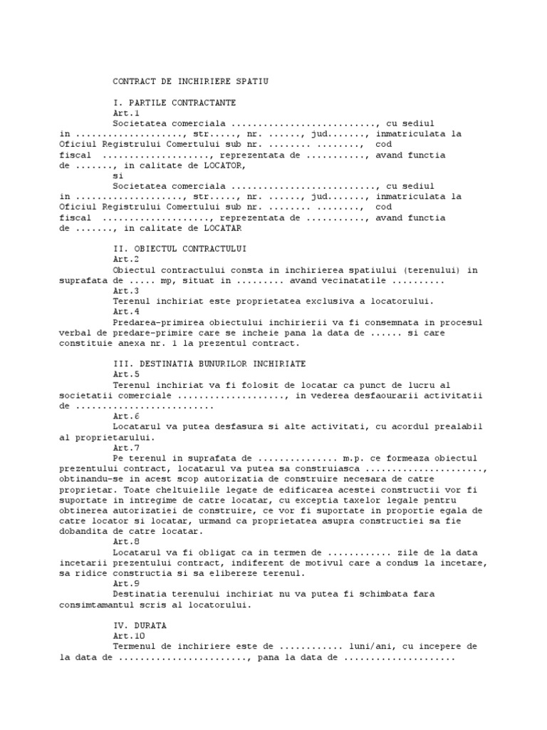 Contract de Inchiriere Spatiu Comercial