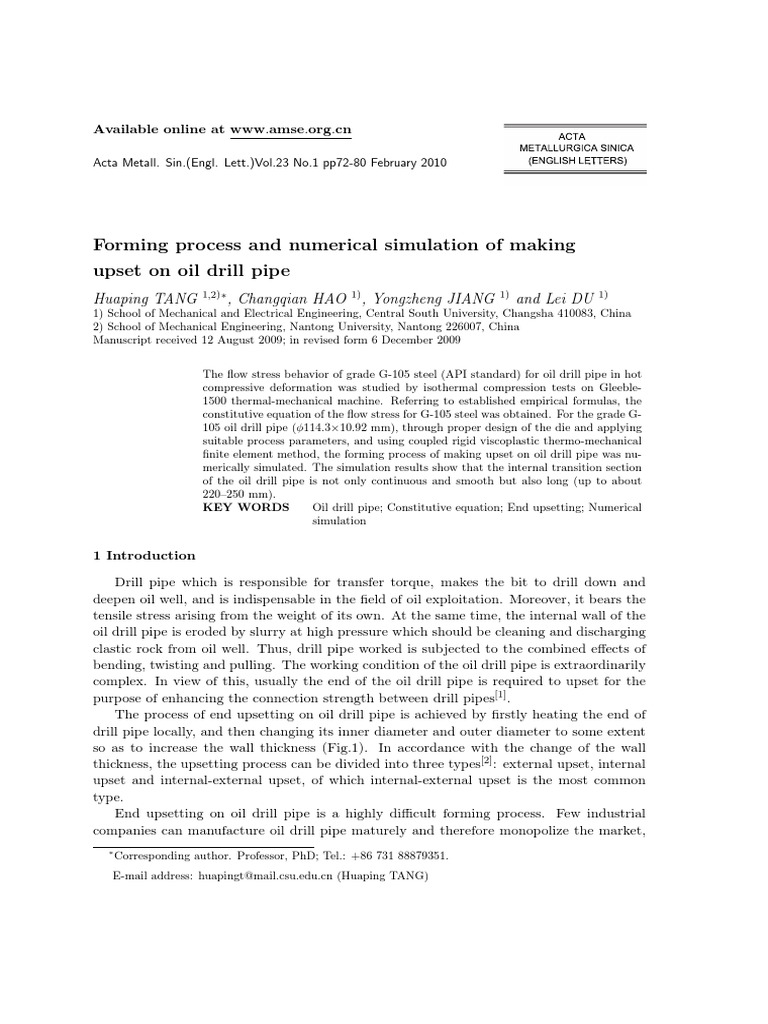 Numerical Simulation of Oil Drill Pipe Upsetting | PDF | Deformation ...