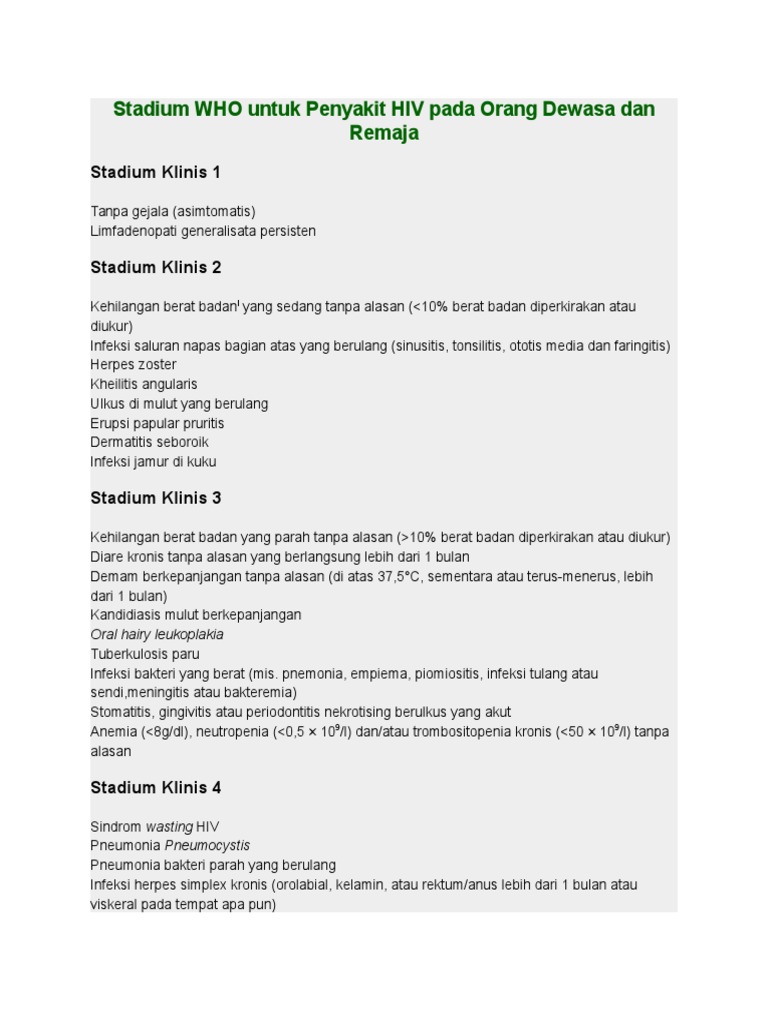 Stadium WHO Untuk Penyakit HIV Pada Orang Dewasa Dan Remaja | PDF