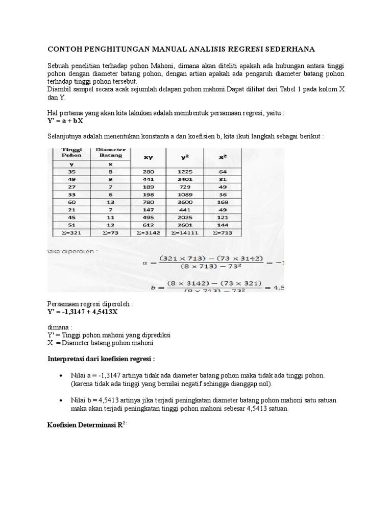 Contoh Penghitungan Manual Analisis Regresi Sederhana | PDF