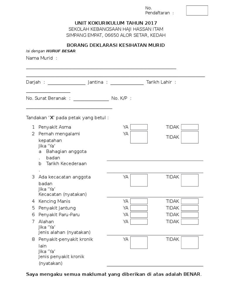 Borang Deklarasi Kesihatan Murid 2017 | PDF