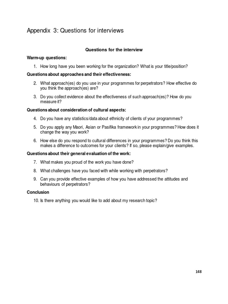 Appendix 3: Questions For Interviews | PDF | Behavioural Sciences ...
