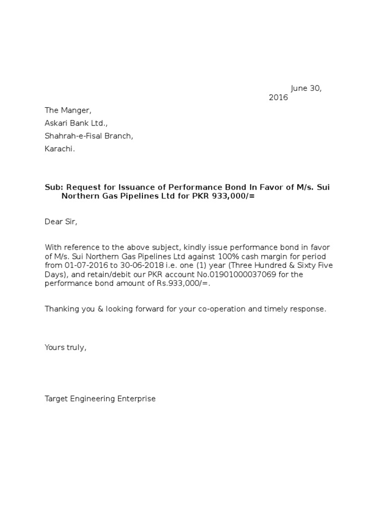 Performance Bond Request to Askari Bank | PDF | Business | Finance ...
