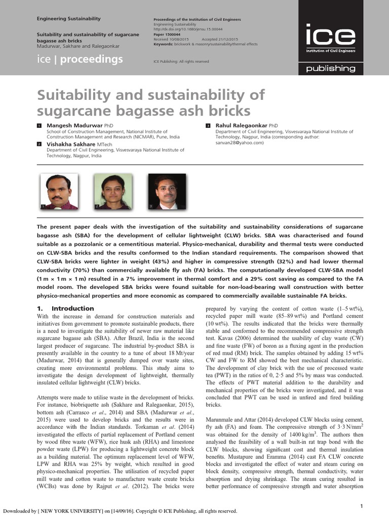 Suitability and Sustainability of Sugarcane Bagasse Ash Bricks | PDF ...