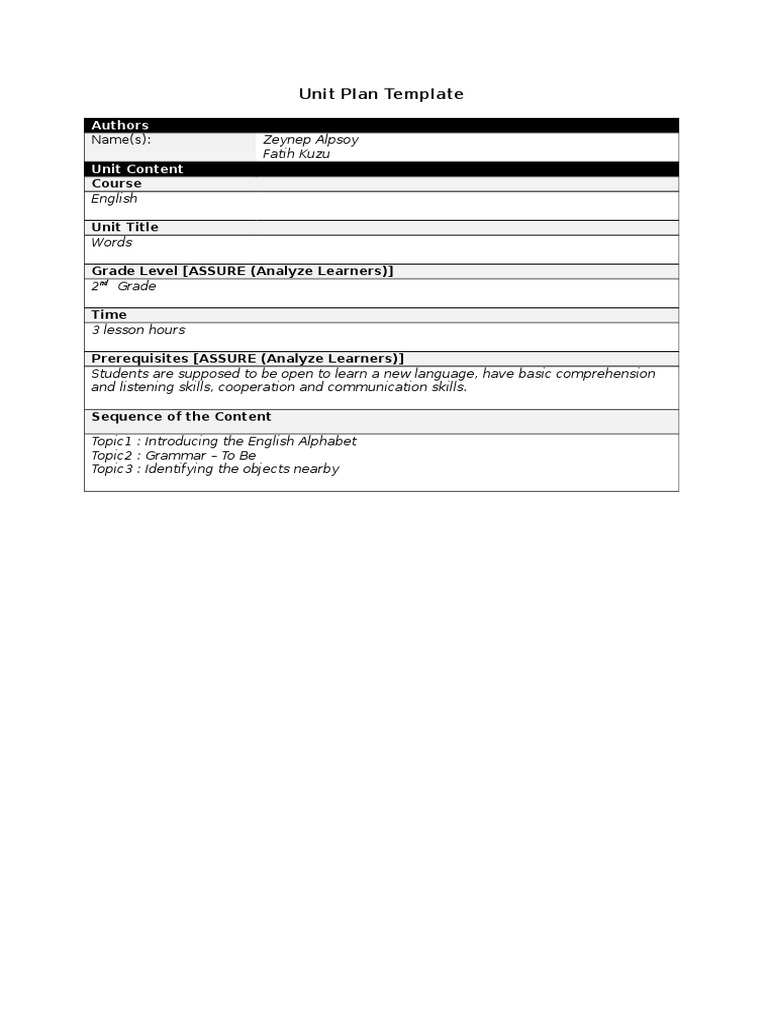 2nd Grade English Unit Plan Template | PDF | Language Arts & Discipline