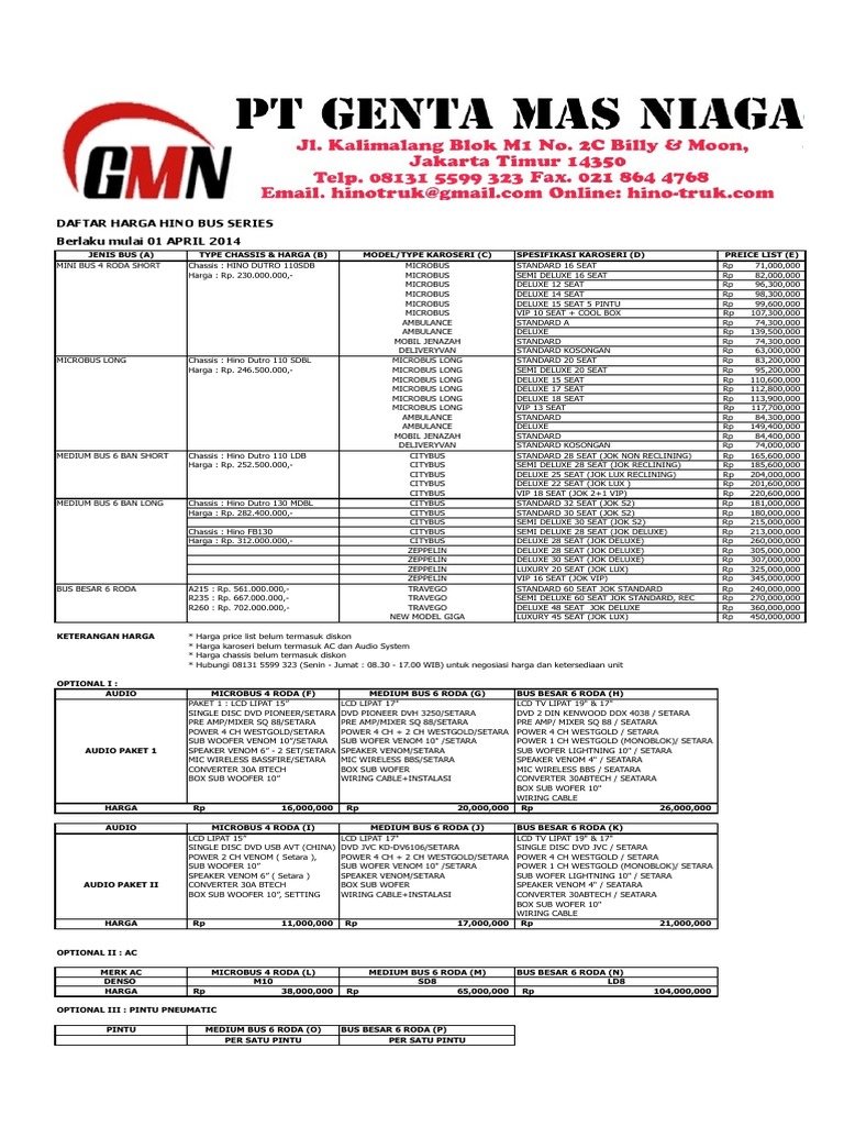 Price List Hino Bus PDF | PDF