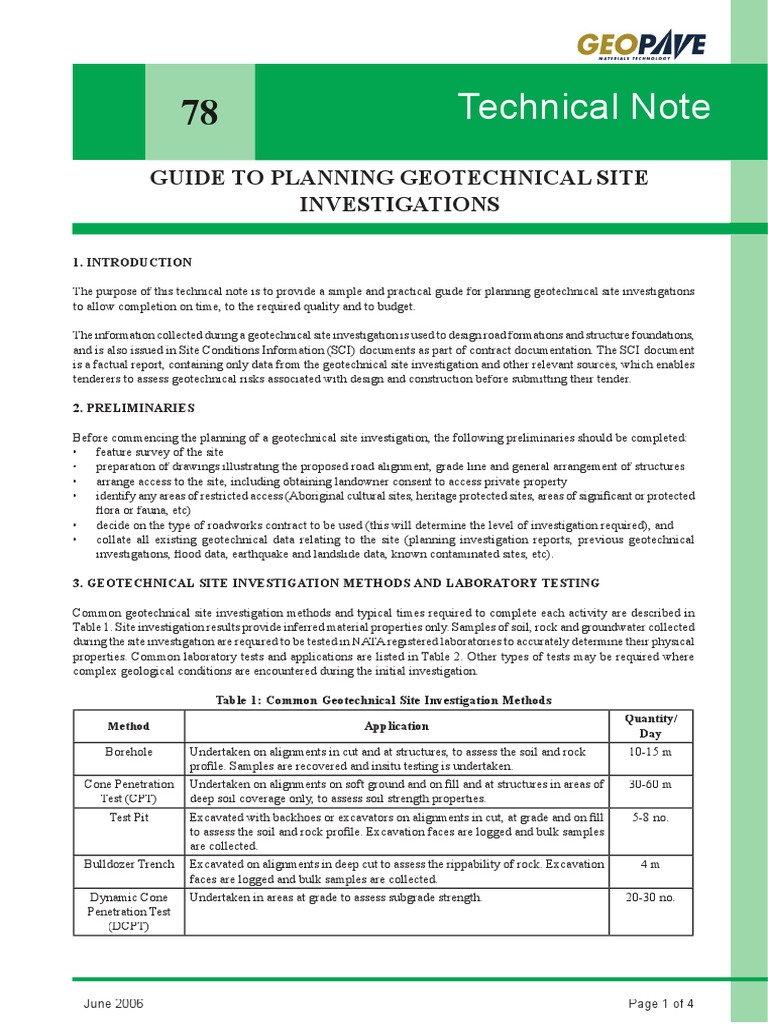 Technical Note TN 78 Guide To Planning Geotechnical Site Investigations ...