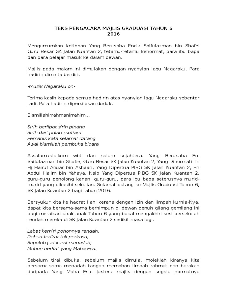 Teks Pengacara Majlis Graduasi Tahun 6 | PDF