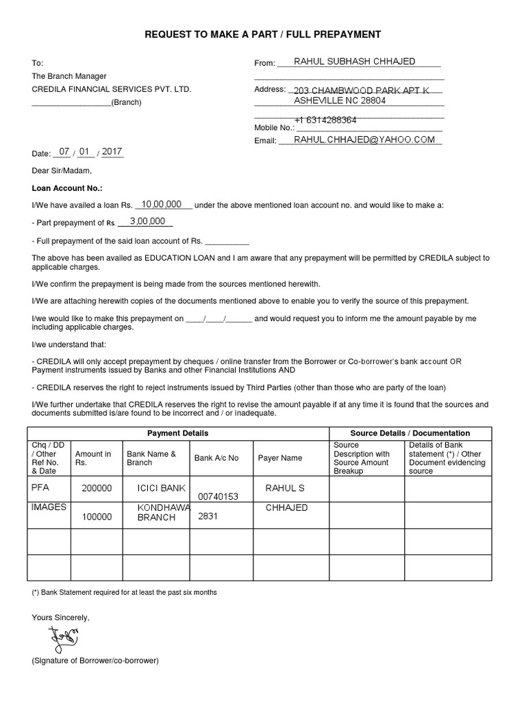 Credila Prepayment Request Letter | PDF | Banks | Loans