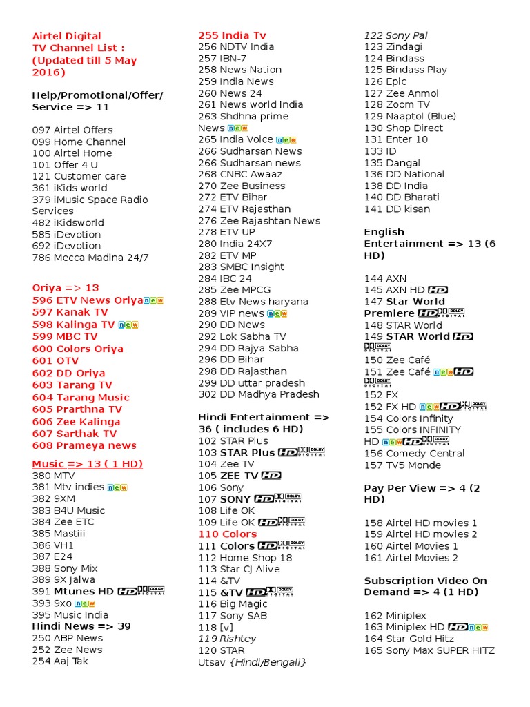 Airtel Digital TV Channels List | PDF