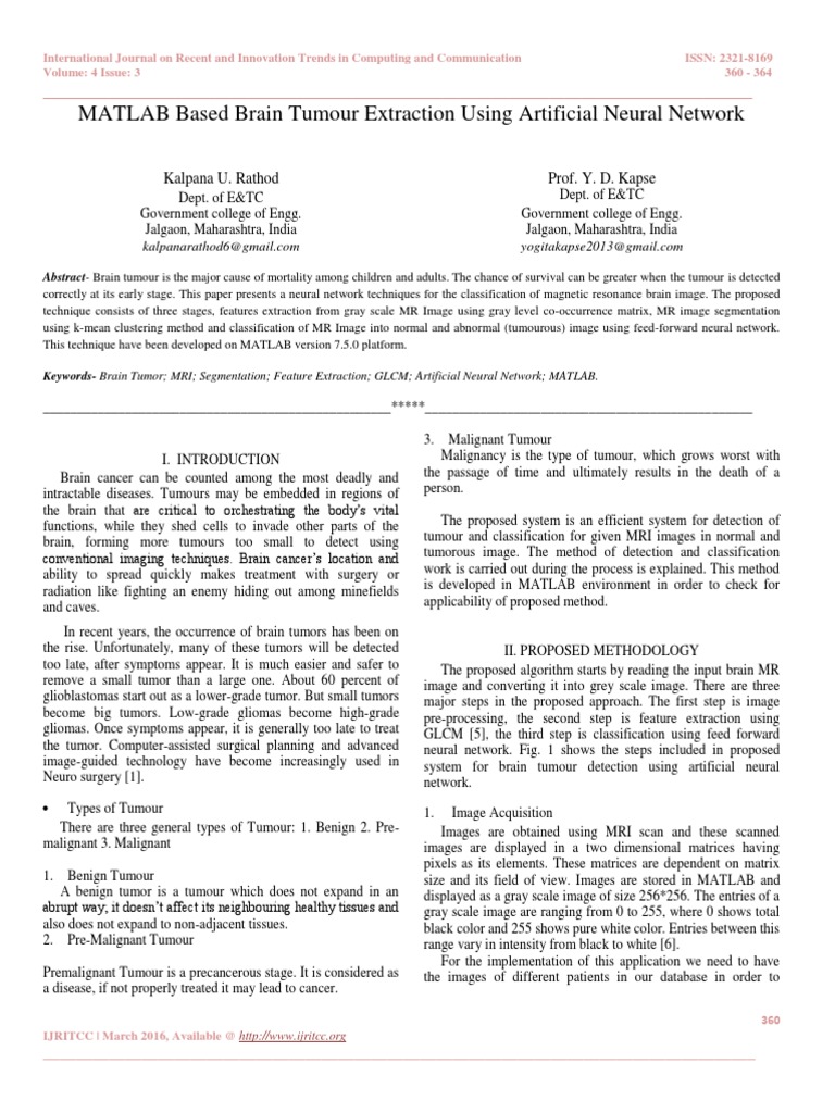 MATLAB Based Brain Tumour Extraction Using Artificial Neural Network | Download Free PDF ...