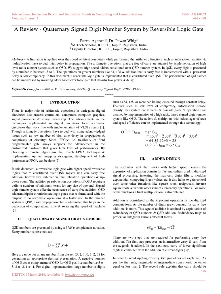 Quaternary Signed Digit Adder Review | PDF | Field Programmable Gate ...