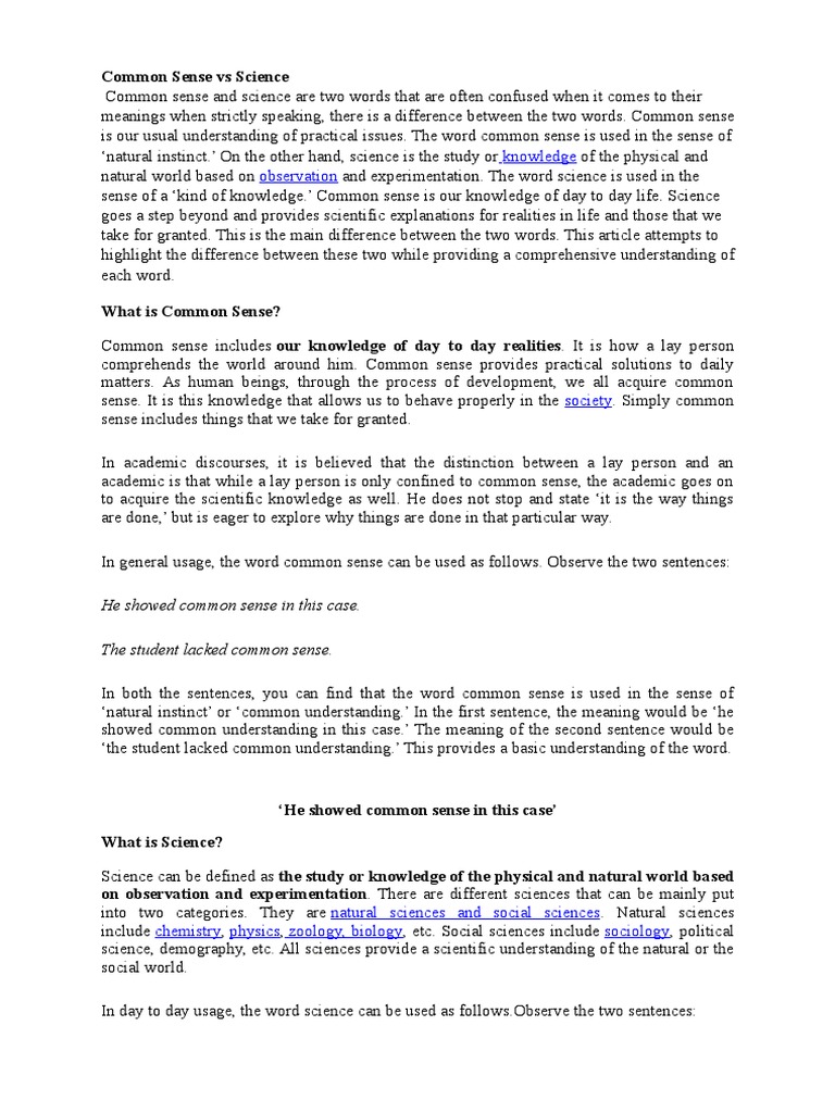 Common Sense Vs Science | PDF | Common Sense | Theory