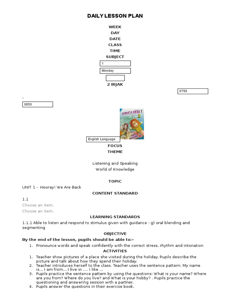 Daily Lesson Plan: Week DAY Date Class Time Subject | PDF | Language ...