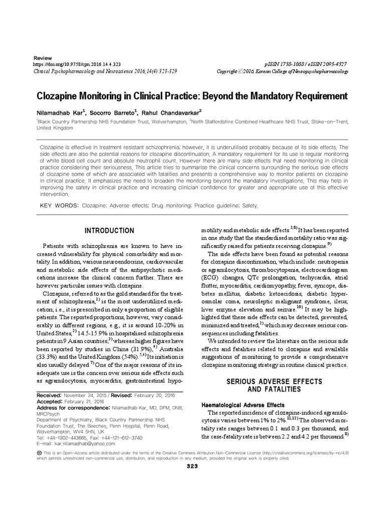 Clozapine Monitoring in Clinical Prac | Clozapine | Adverse Effect