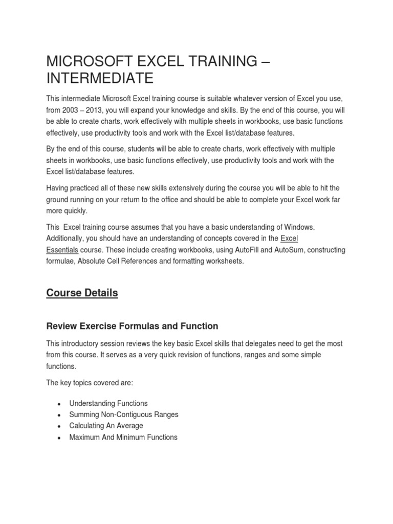Excel Intermediate and Advance Course Details | PDF | Microsoft Excel ...