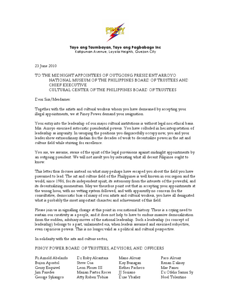 23 June 2010 Letter To Midnight Appointees in Arts and Culture Sector ...