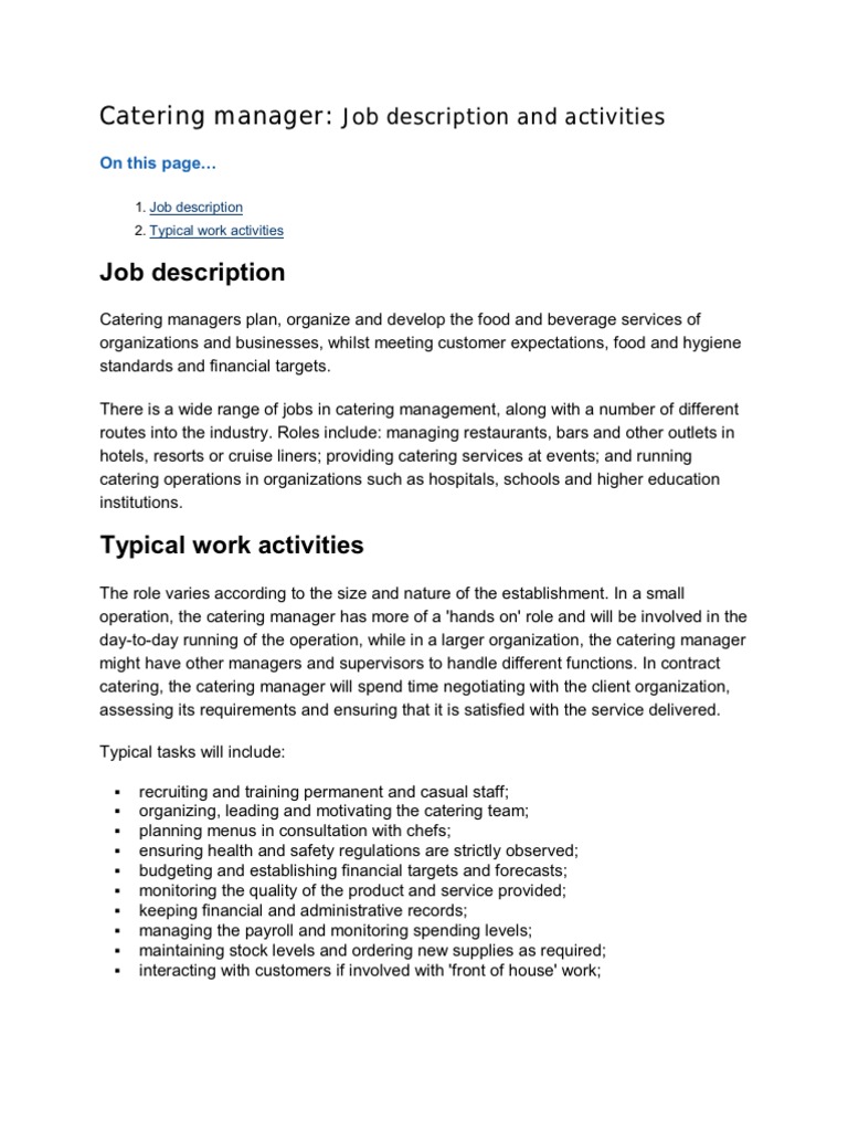 Catering Manager | PDF | Restaurants | Employment