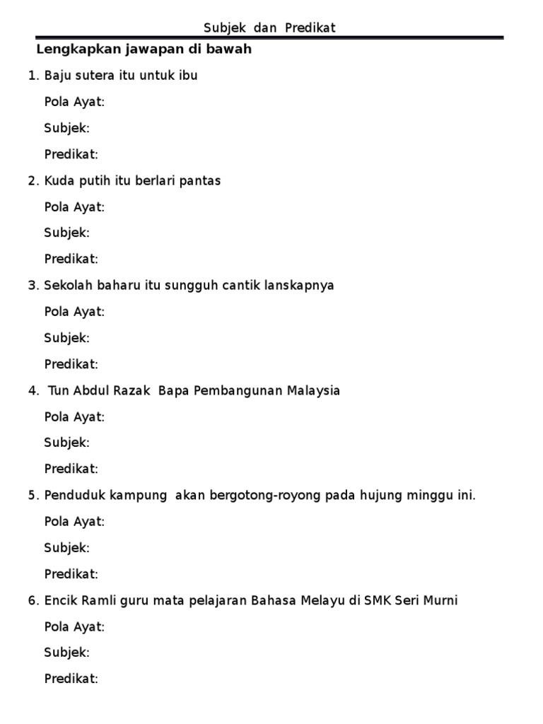 Latihan Subjek Predikat Pola Ayat | PDF
