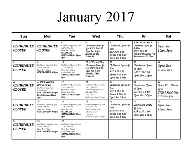 January 2017 Clubhouse Schedule | PDF